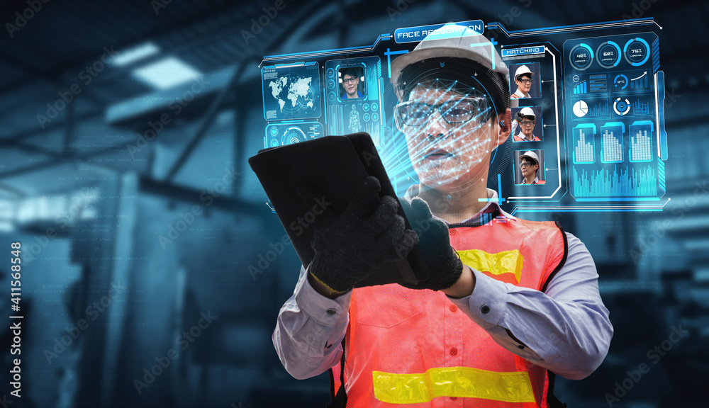 Foto Stock Facial recognition technology for industry worker to access ...