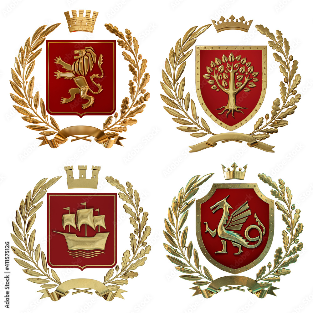 3d illustration set of different heraldic coats of arms. Gold symbols ...