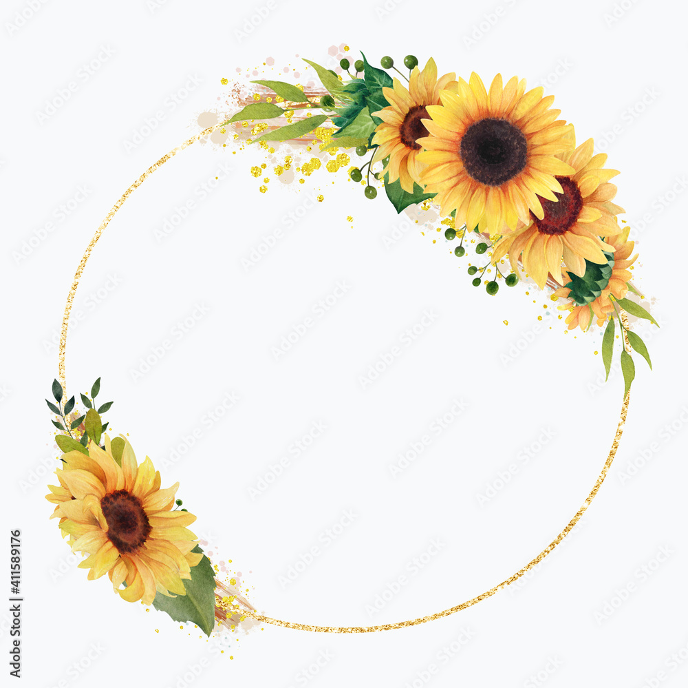 Watercolor sunflower frame, Floral clip art, Sunflower wreath, summer ...