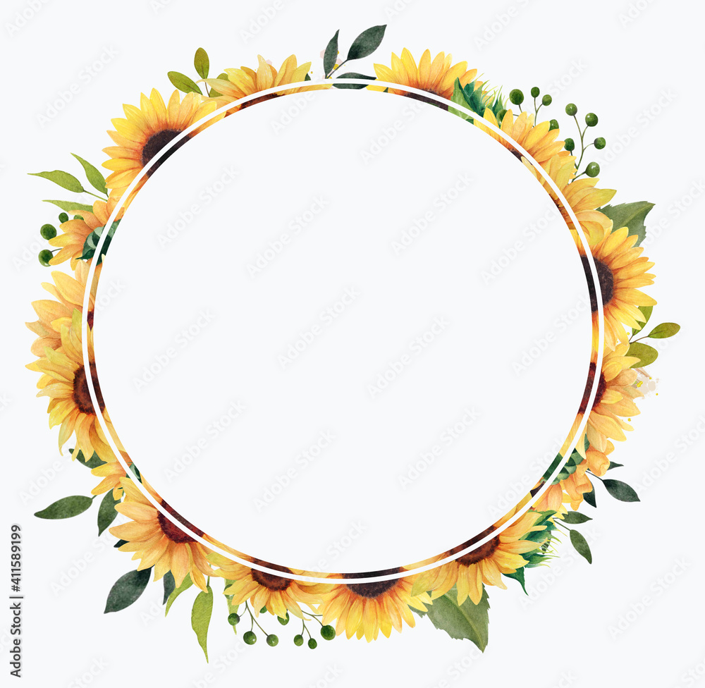 Watercolor sunflower frame, Floral clip art, Sunflower wreath, summer ...