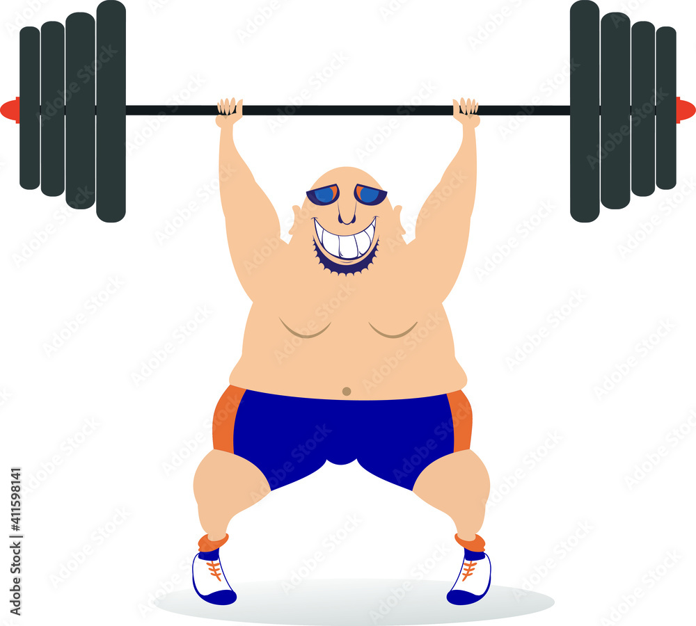 Cartoon big man a weightlifter illustration. Cartoon strong man trying ...