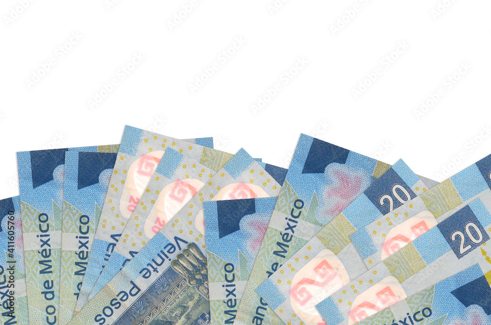 20 Mexican pesos bills lies on bottom side of screen isolated on white ...