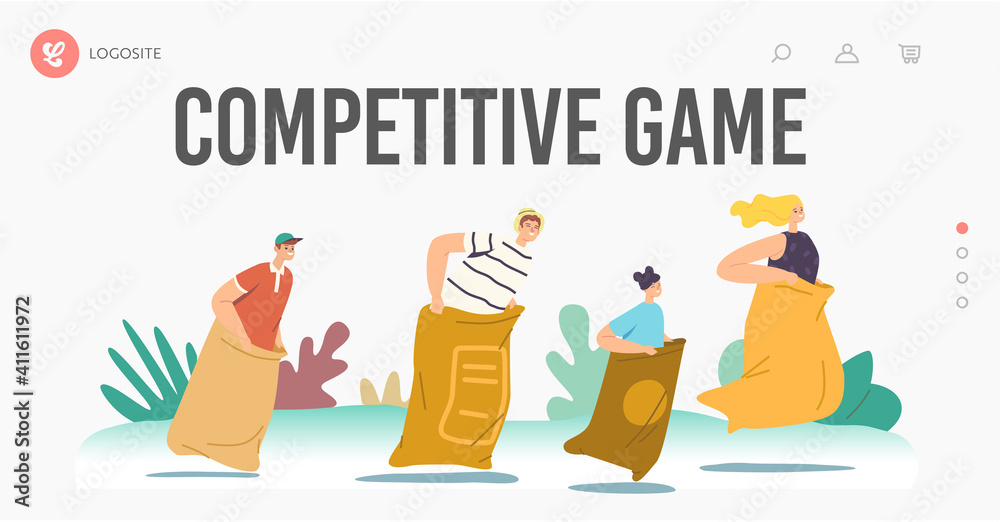 Jumping in Bags. Sack Race Landing Page Template. Happy Family ...