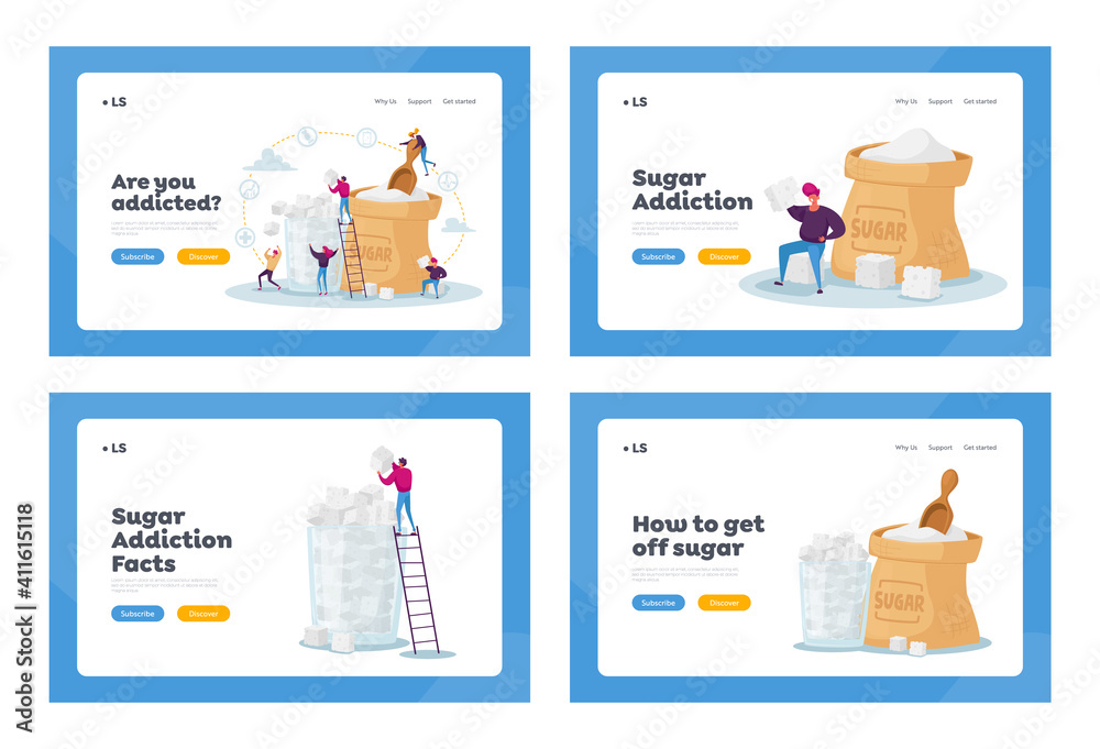 Sugar Addiction Landing Page Template Set. Tiny Characters at Huge Sack ...