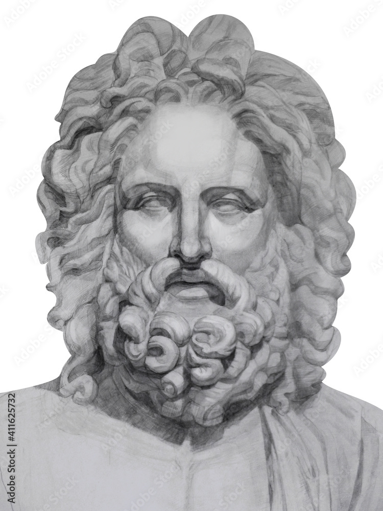 Plaster Zeus Head Academic Pencil Drawing Statue Greek Deity Realistic Plaster Zeus Head Academic Pencil Drawing Statue Greek Deity Realistic