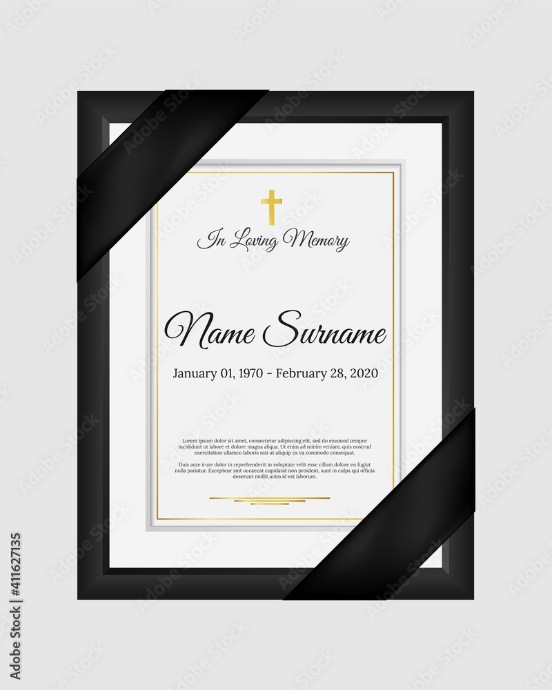 Funeral photo frame with black ribbon in corner, name, birth and death ...