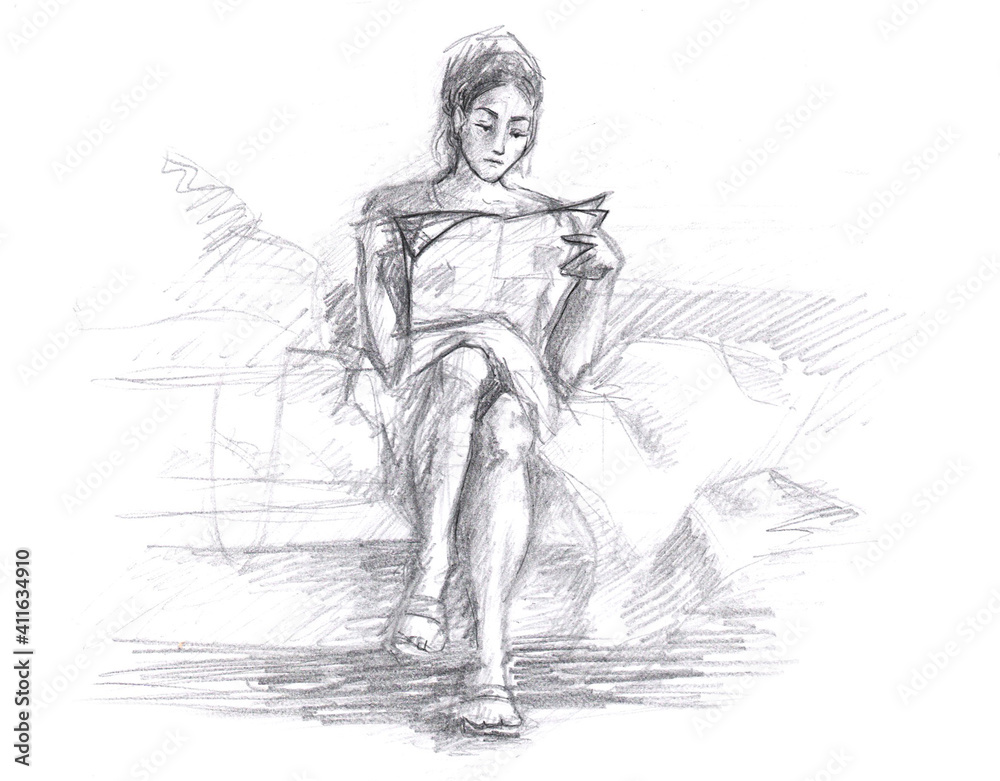 Housewife Reading Magazine Fashion Illustration Pencil Sketch Girl Sitting On Sofa With A