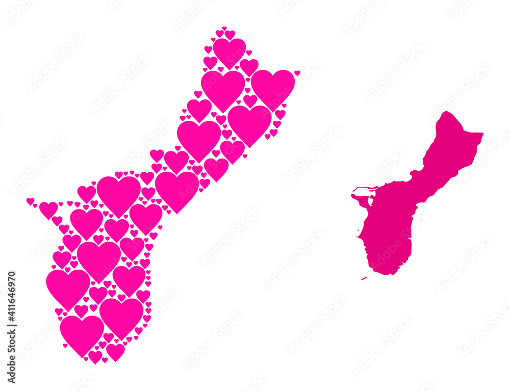 Love collage and solid map of Guam Island. Mosaic map of Guam Island is ...