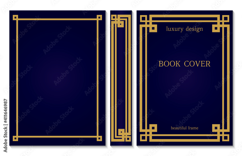 Sample design of the hardcover and spine of the book. Gold frames on a ...