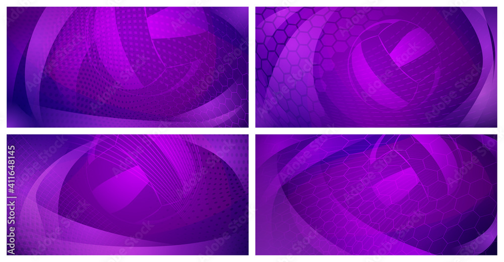 Set of four volleyball backgrounds with big ball in purple colors Stock ...