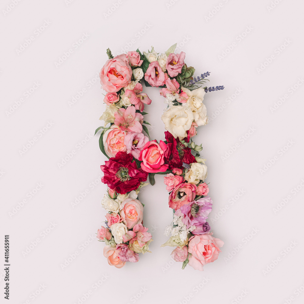 Letter R made of real natural flowers and leaves. Flower font concept ...