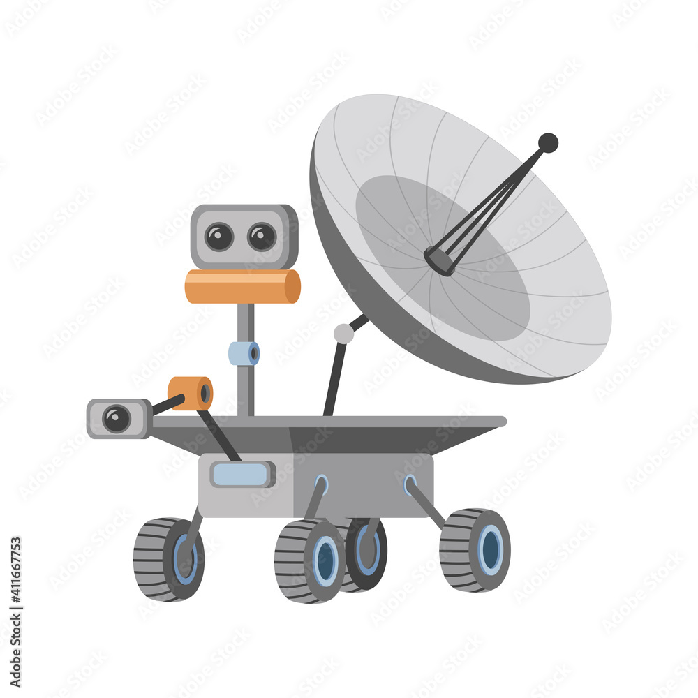 Mars rover with cameras and antenna vector flat illustration isolated ...