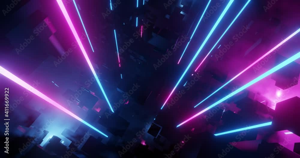 Neon City with Light Tech Digital effect. Bright Pink and Blue Neon ...