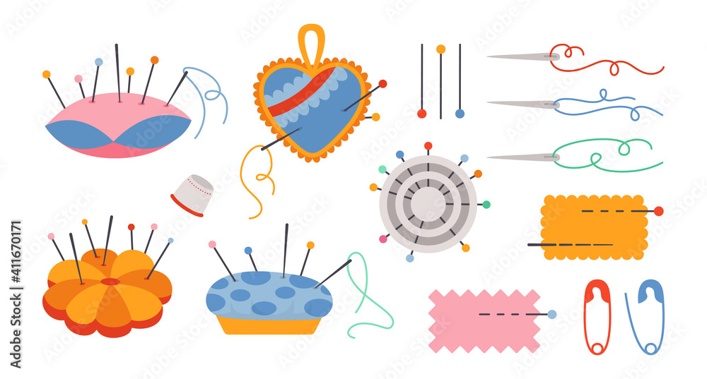 Sewing needle bed cartoon set. Needles, pins in pillow. Dressmaking ...