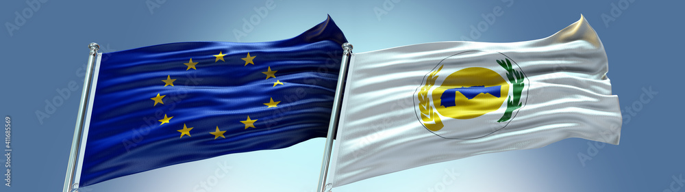 European Union Flag and Arab Maghreb Union flag waving with texture and ...