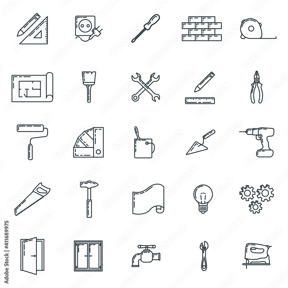 Big set of renovation house 25 icon, concept repair build tool stuff ...