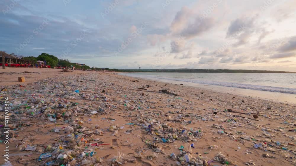 Sand beach Bali are littered with plastic waste. Indonesia is one of ...
