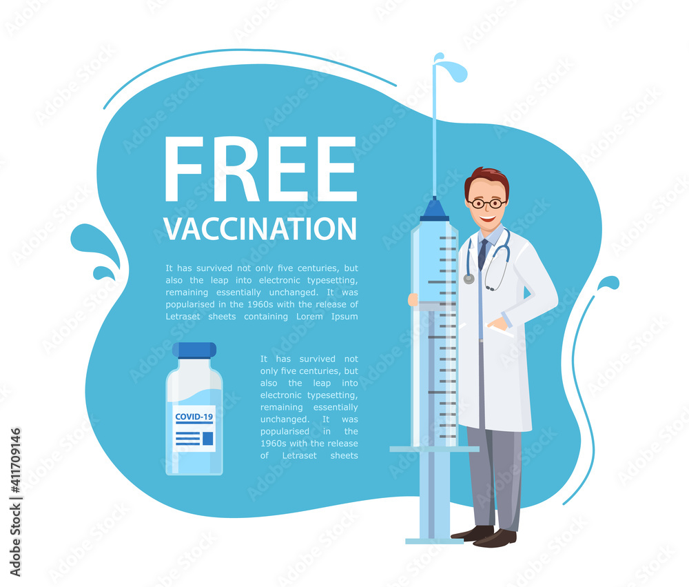 Poster or banner Free Vaccination campaign. Doctor holding large ...