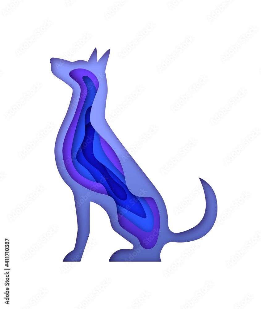 Papercut dog animal shape in realistic 3d paper craft art style. Doggy ...