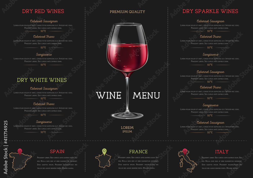 Wine restaurant menu design with realistic wine glass. Chalk background ...