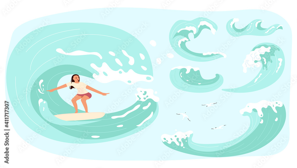 Female surfer rides the Barreled Rushing Wave. Set of surfing waves ...