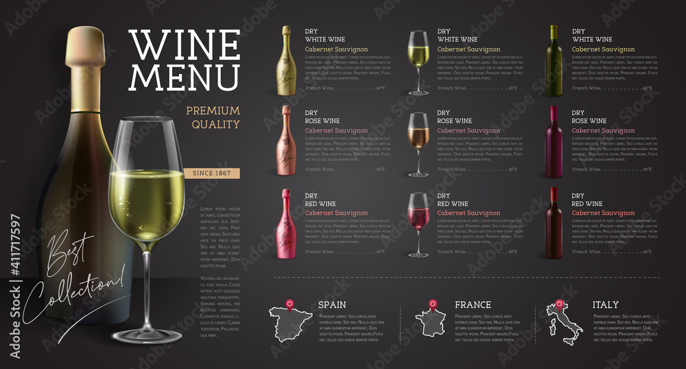 Wine restaurant menu design with realistic wine glasses and bottles ...