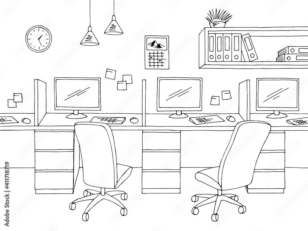 Call center office graphic black white interior sketch illustration ...