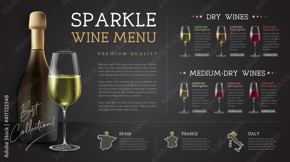 Wine restaurant menu design with realistic wine glasses and bottles ...