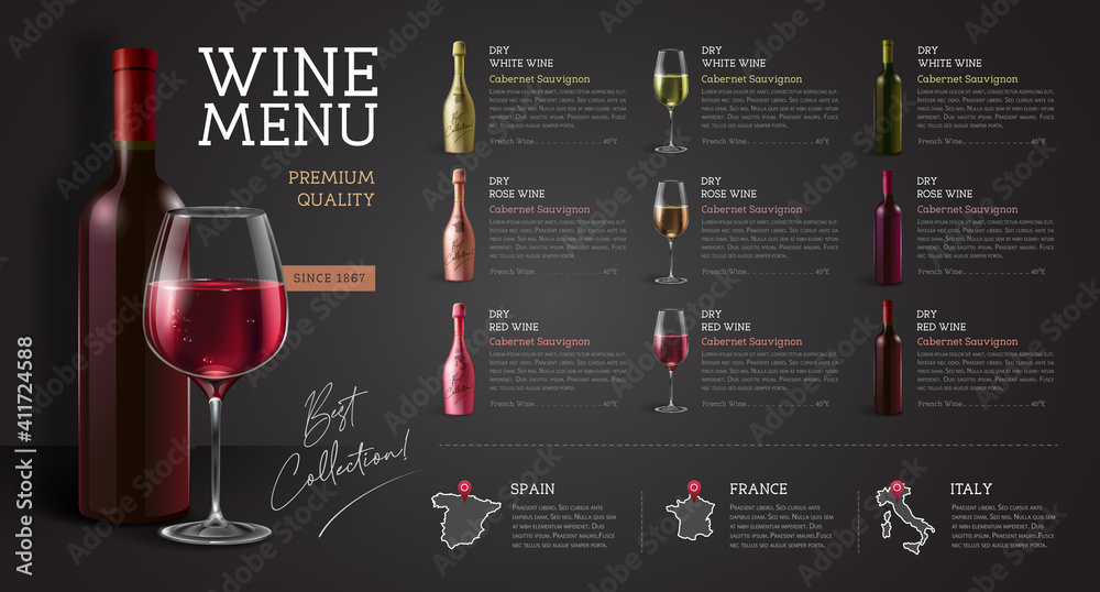 Wine restaurant menu design with realistic wine glasses and bottles ...