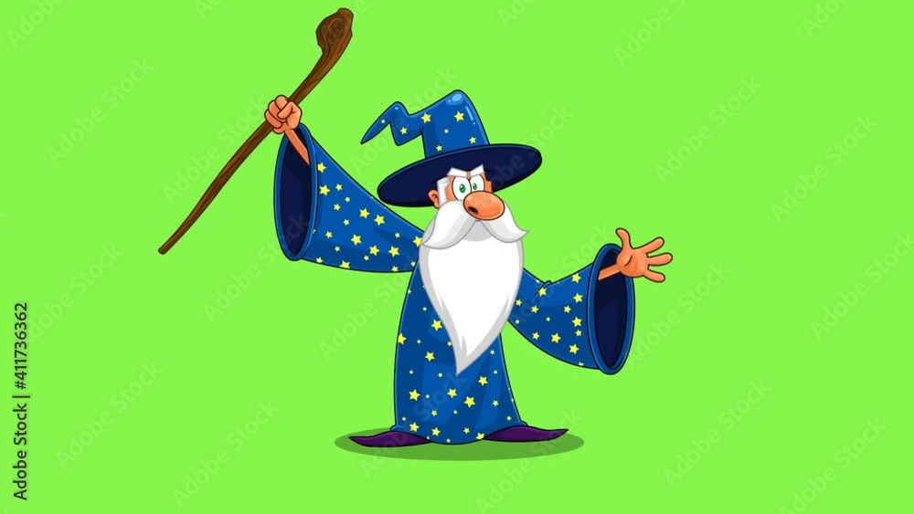 Wizard Cartoon Character With A Cane Making Magic. 4K Animation Video ...