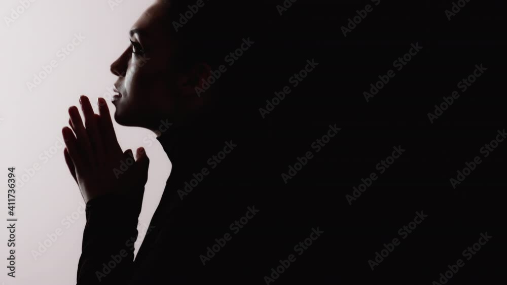 Female silhouette. Sin confession. Forgiveness blessing. Dark contrast ...