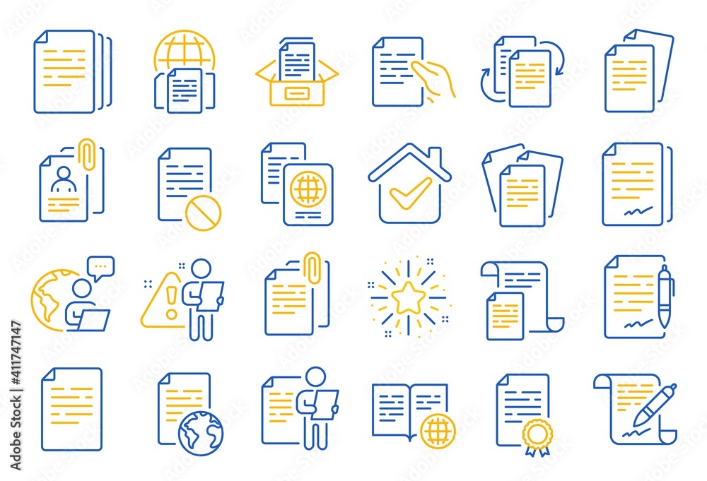 Documents line icons. Copy files, Contract agreement, Passport. CV ... Documents line icons. Copy files, Contract agreement, Passport. CV ...