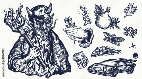 Devil. Angel and demon art. Terrible satan with pitchforks. Old school ...