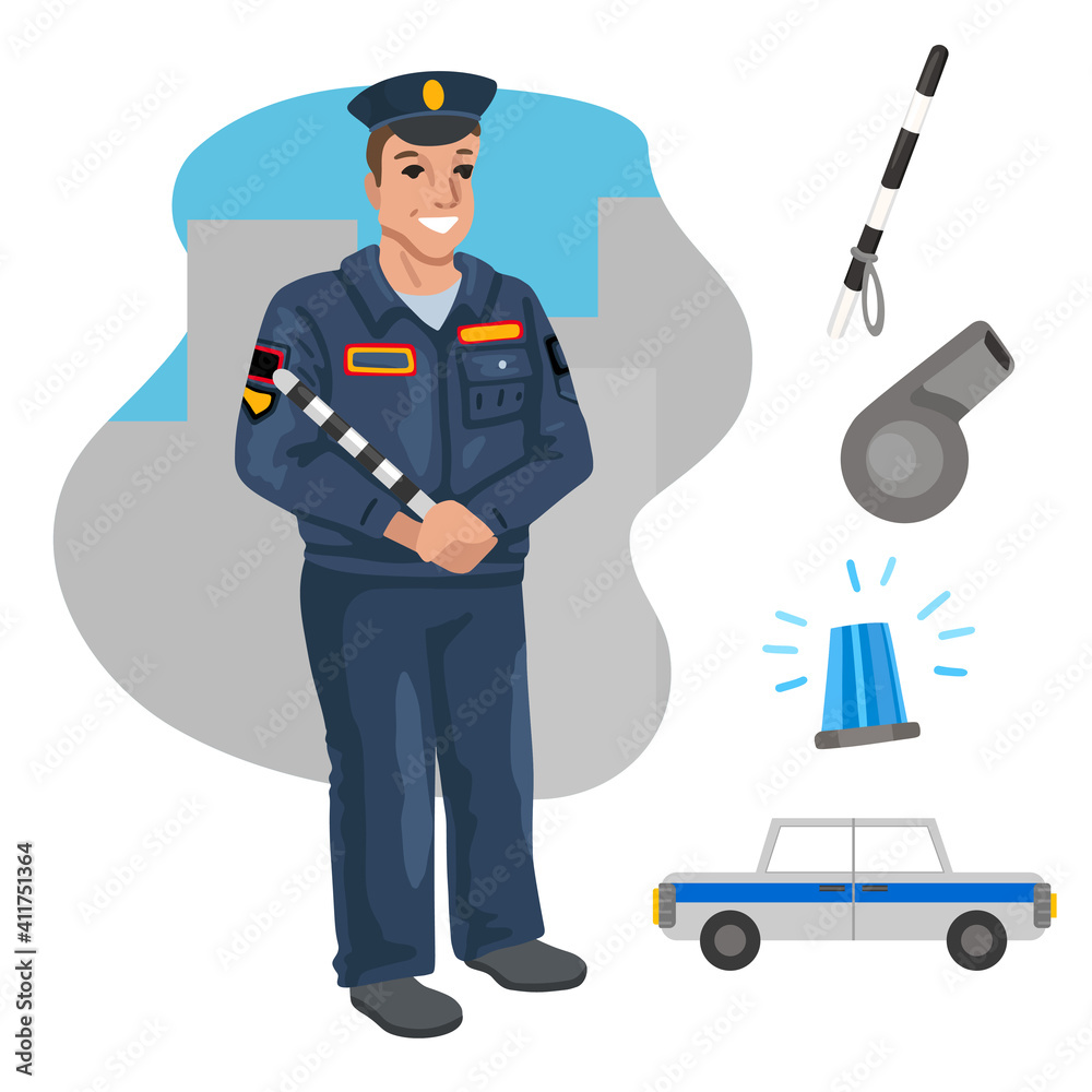 Policeman and car. Professions, character and items for his work ...