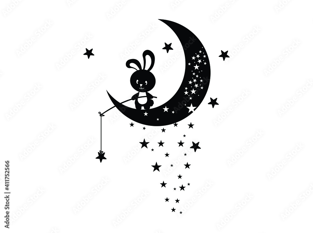 cartoon baby moon and stars in midnight. Abstract moon. rabbit and ...