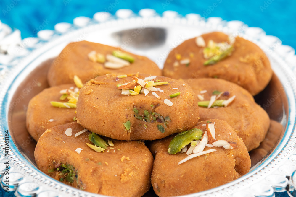 Indian Mithai Brown Mathura Peda Or Meetha Pera Made Of Condensed Milk ...