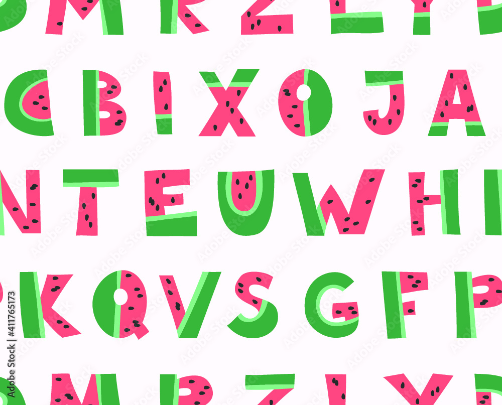 Cartoon Funny Watermelon Font. Hand Drawn Vector Fruit Alphabet. Vegan ...