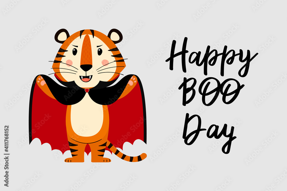 Halloween greeting card template with cute tiger in vampire costume ...