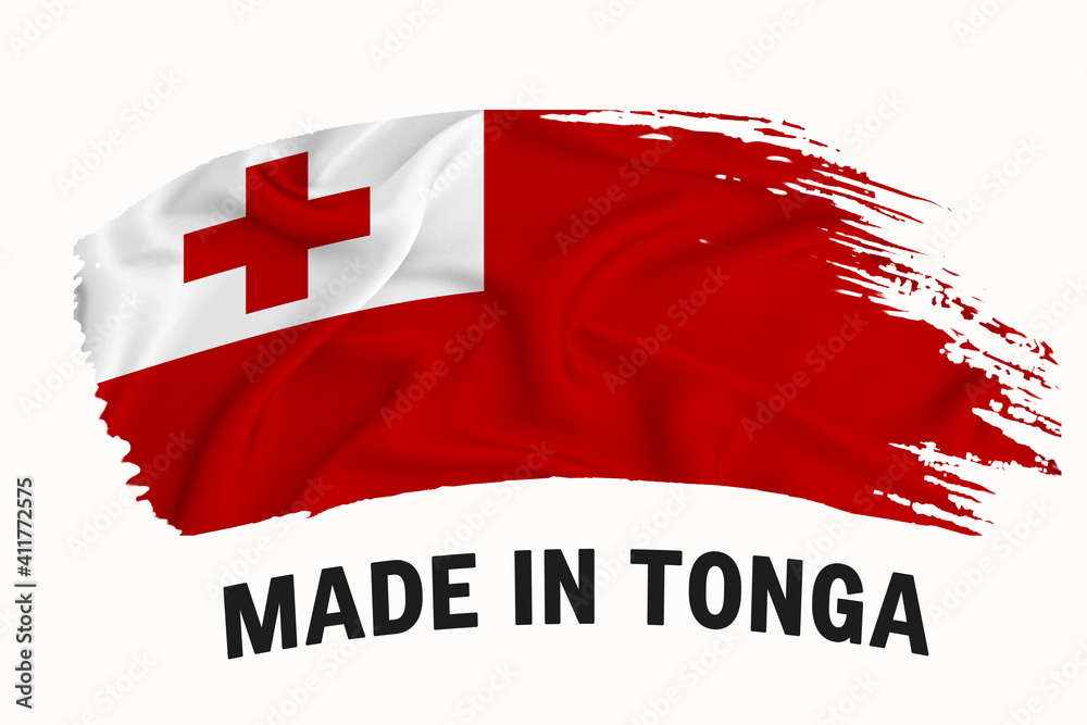 Made in tonga handwritten vintage ribbon flag, brush stroke, typography ...