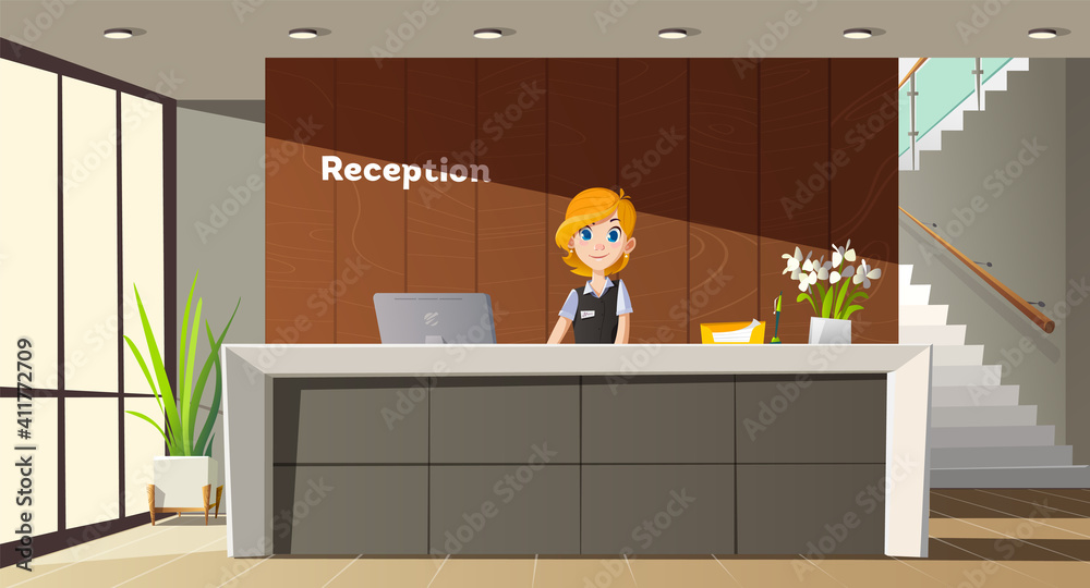 Young woman, reception desk. Interior design office Stock Vector ...
