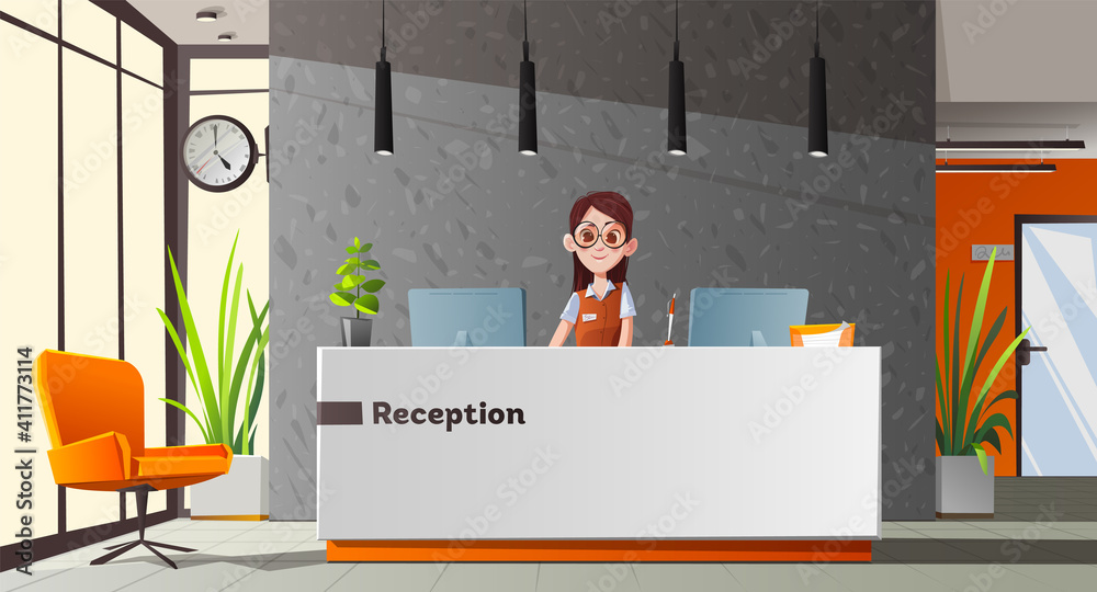Young woman, reception desk. Interior design office Stock Vector ...