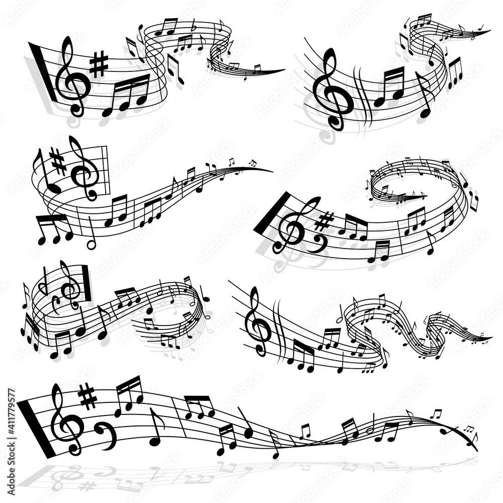 Music wave with notes and treble clef symbols on staff lines vector ...