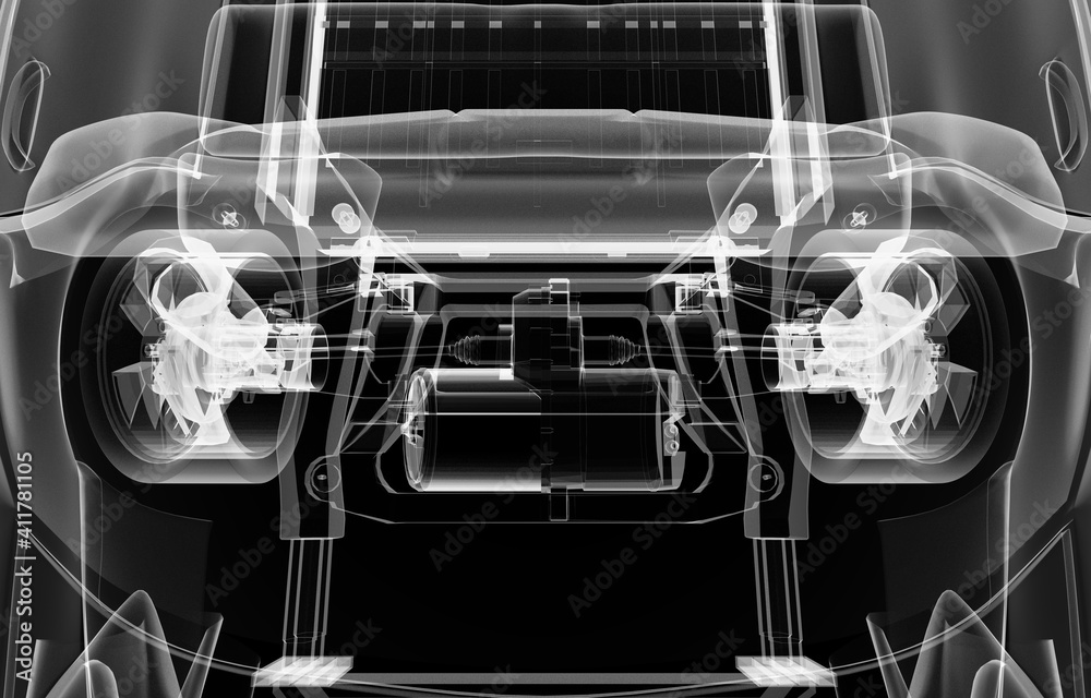 X-ray of electric car with chassis. 3D illustration Stock Illustration ...