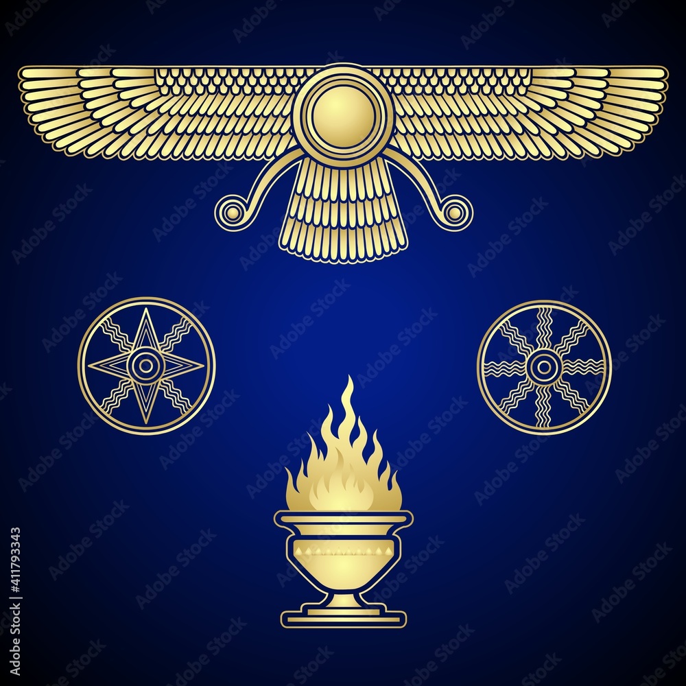 Cartoon color drawing: symbol of prophet Farvahar. Bowl of sacred fire ...