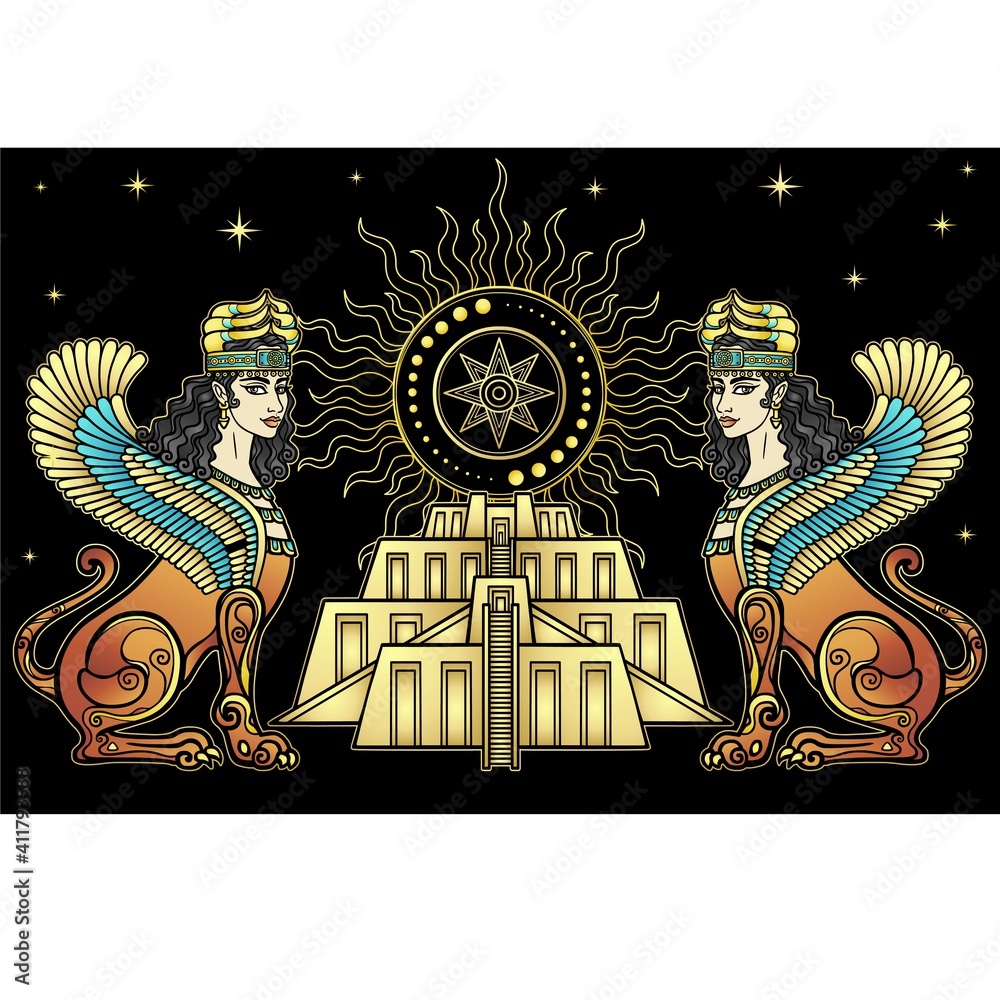 Animation color drawing: magical winged lioness. Ishtar, Astarta ...