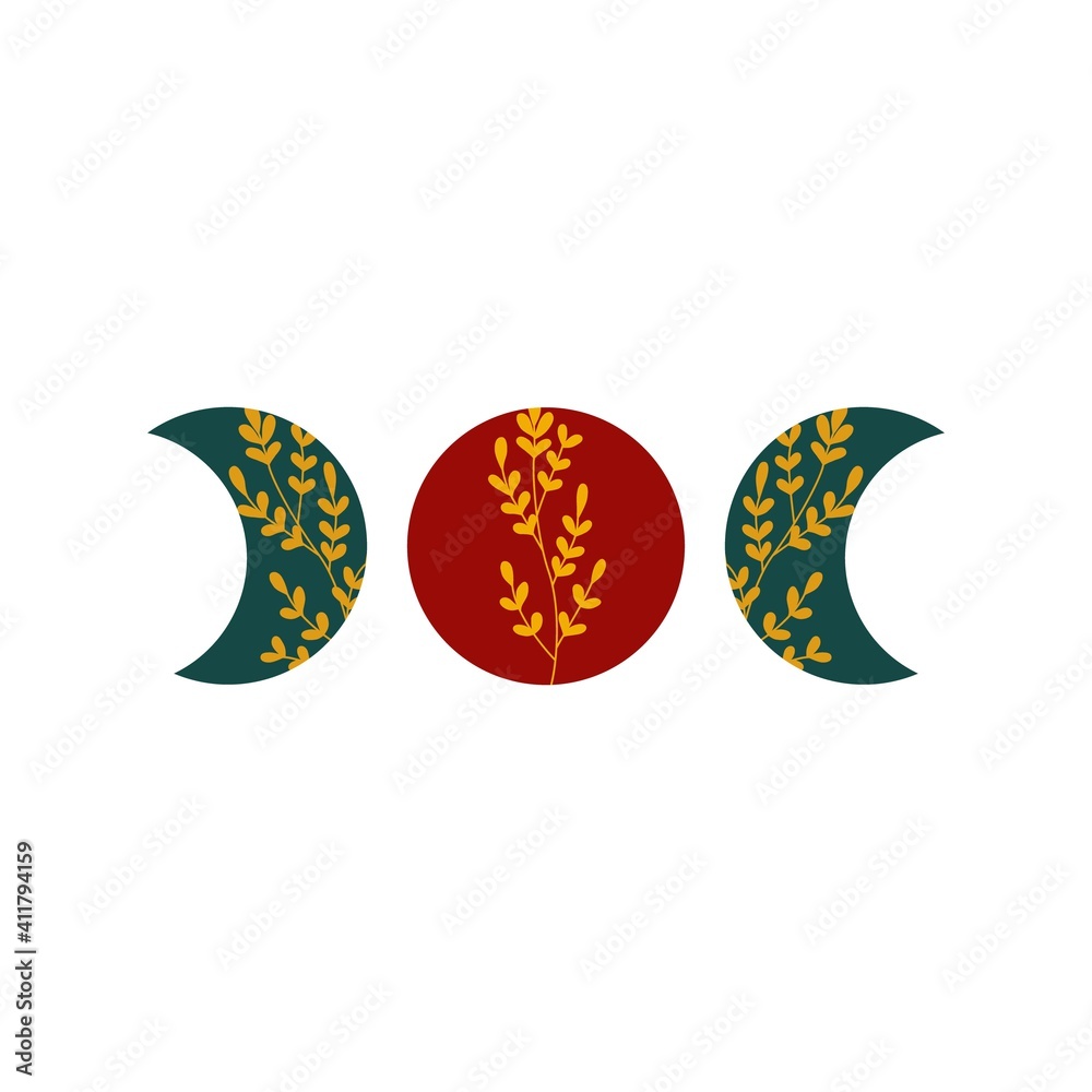 Royal green crescent red moon phases with golden lace floral ornament ...