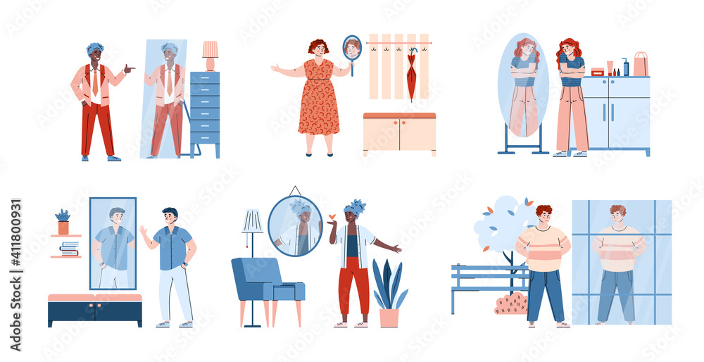 Self body acceptance characters set with people look at their ...
