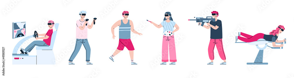 Vector set of characters playing in computer vr games using digital ...