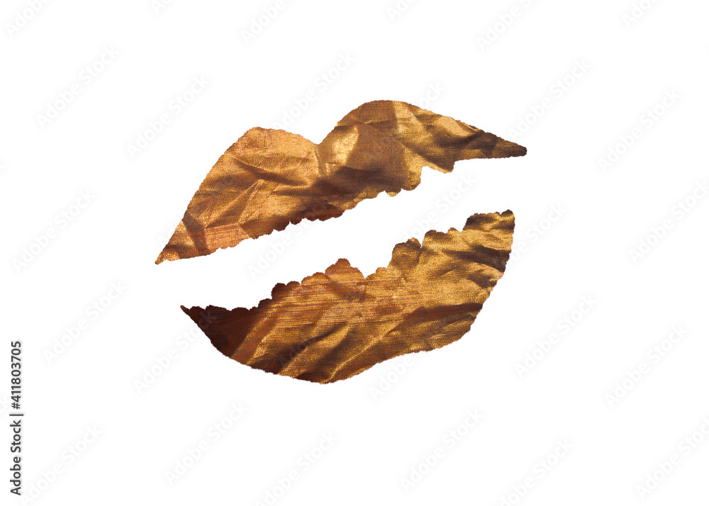 Golden lip print. Realistic textured Kiss print isolated on white ...