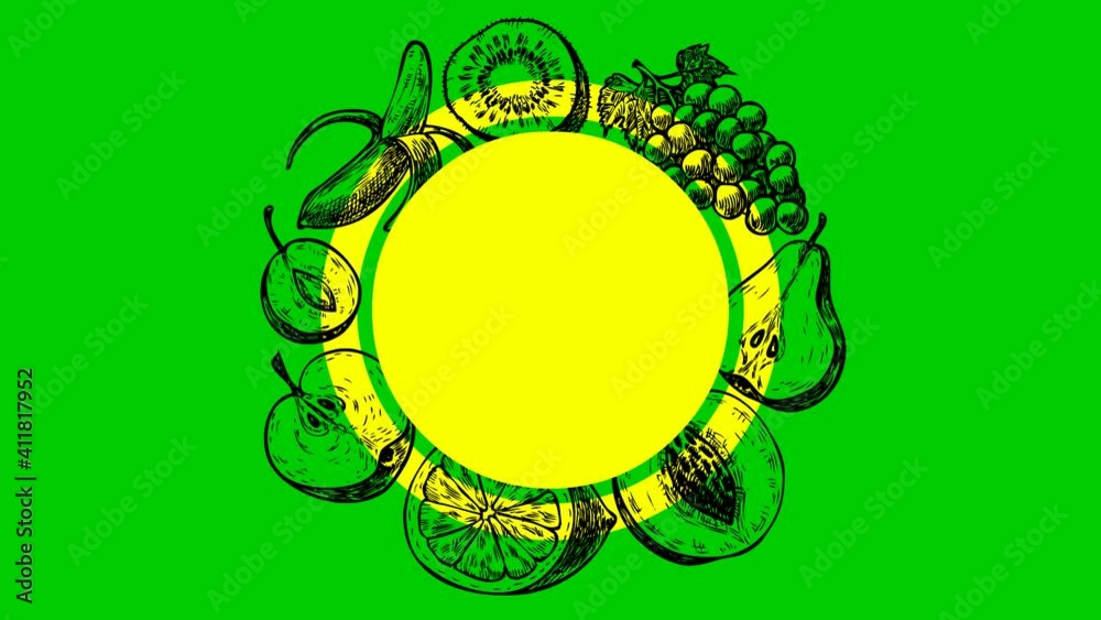 Animated circle frame from hand drawn fresh fruits with copy space ...